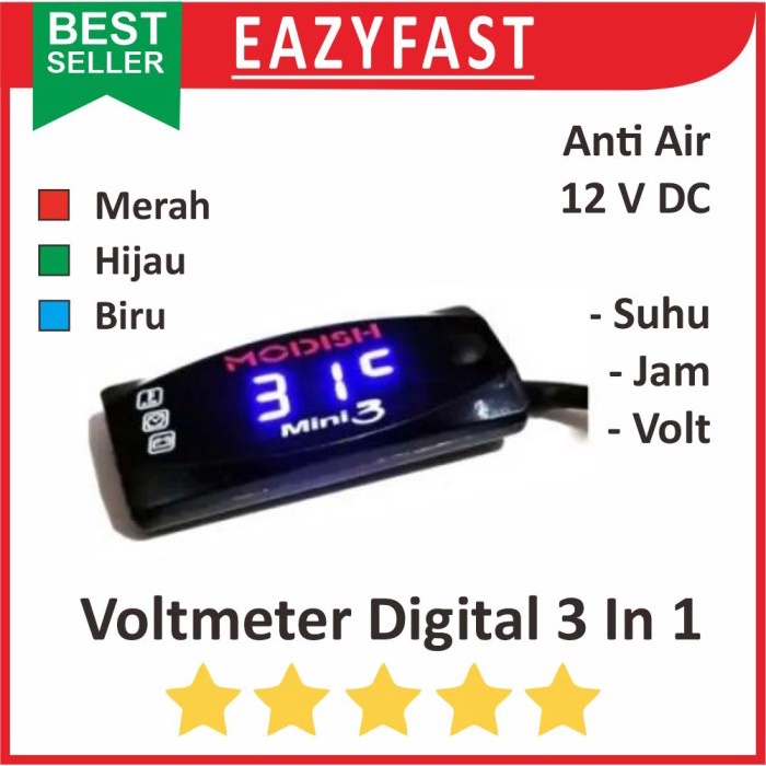 Jual Voltmeter Digital Motor 3 in 1 Jam Suhu LED Mobil Volt meter Aki Accu | Shopee Indonesia