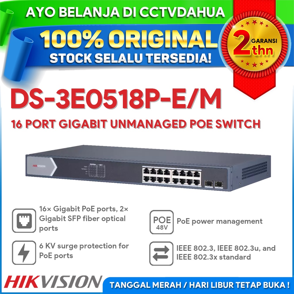 Jual HIKVISION DS-3E0518P-E/M 16 PORT GIGABIT UNMANAGED POE SWITCH RESMI | Shopee Indonesia