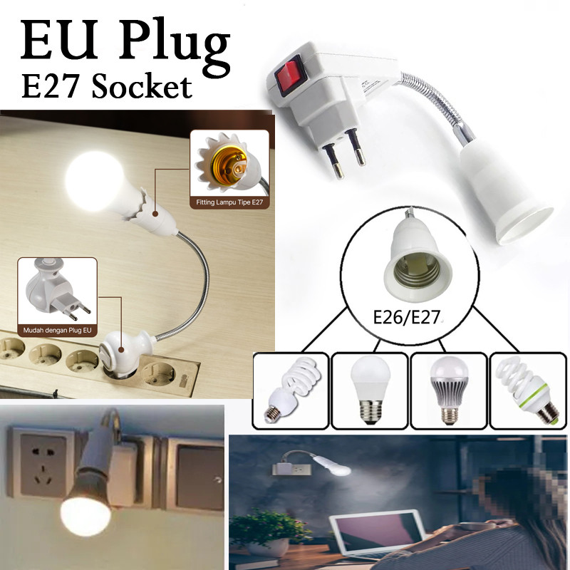 Jual Fitting Lampu Adaptor EU Plug 240V / E27 Fleksibel With Tombol ...