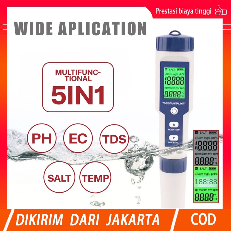 Jual COD⭐ 5 In 1 PH Meter Water Quality Tester PH/EC/TDS/Salinity/TEMP ...