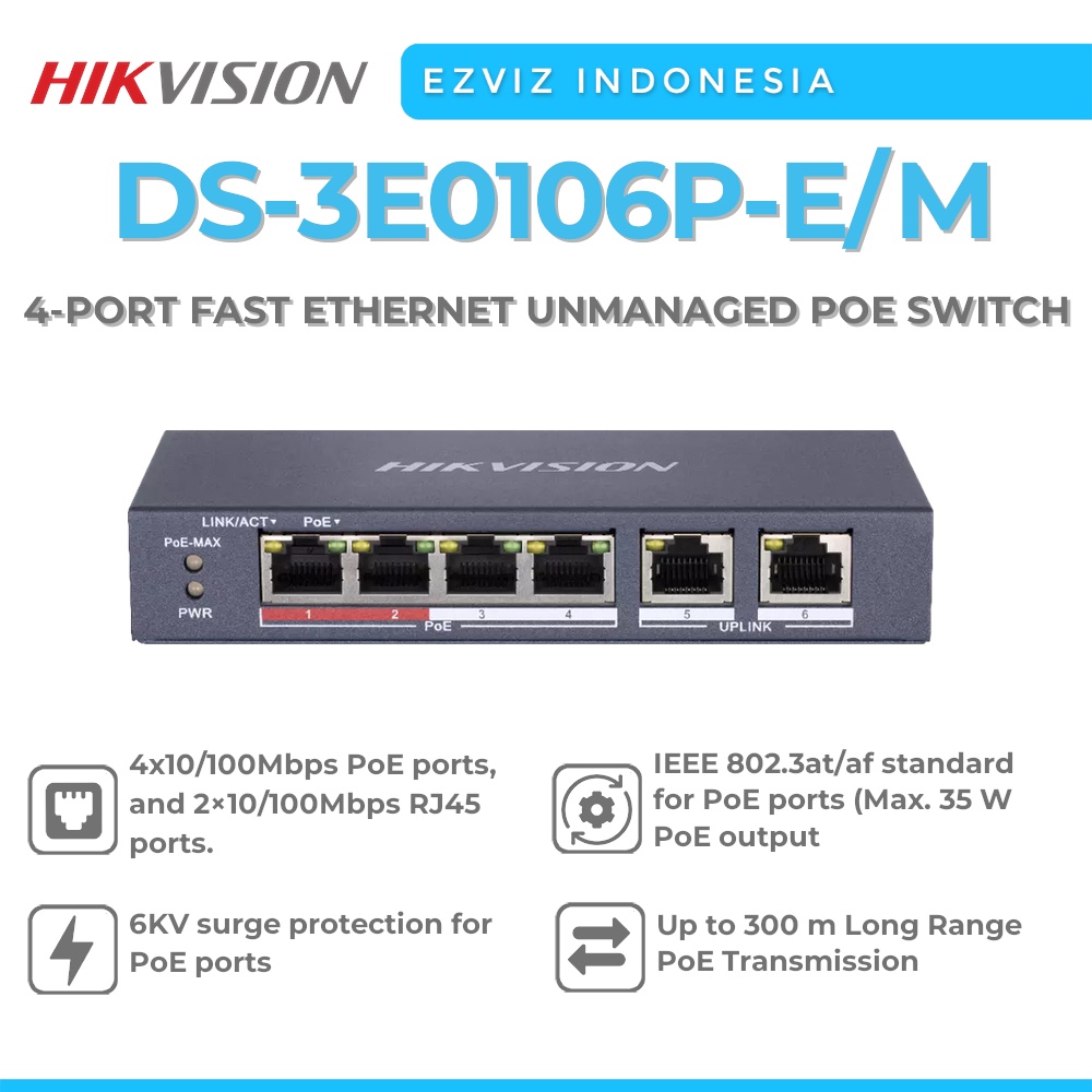 Jual HIKVISION DS-3E0106P-E/M 4-PORT FAST ETHERNET UNMANAGED POE SWITCH | Shopee Indonesia