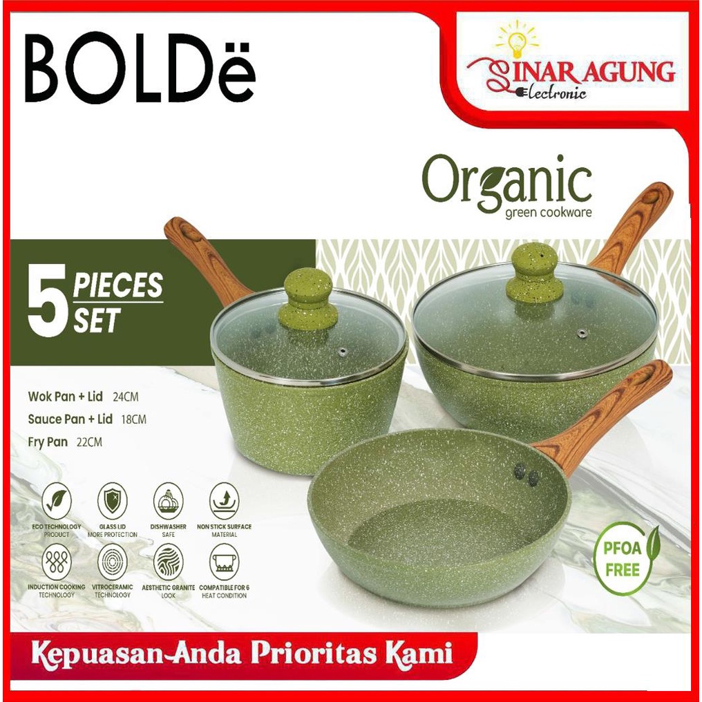 Jual [COD] FRY PAN / WOK PAN / SAUCE PAN BOLDE ORGANIC GREEN COOKWARE 5 PCS SET (GRANITE COATING ...