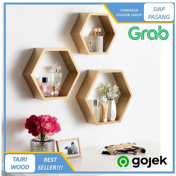 Jual Rak Dinding Kayu Hexagonal Minimalis /AMBALAN HEXAGONAL KAYU ...