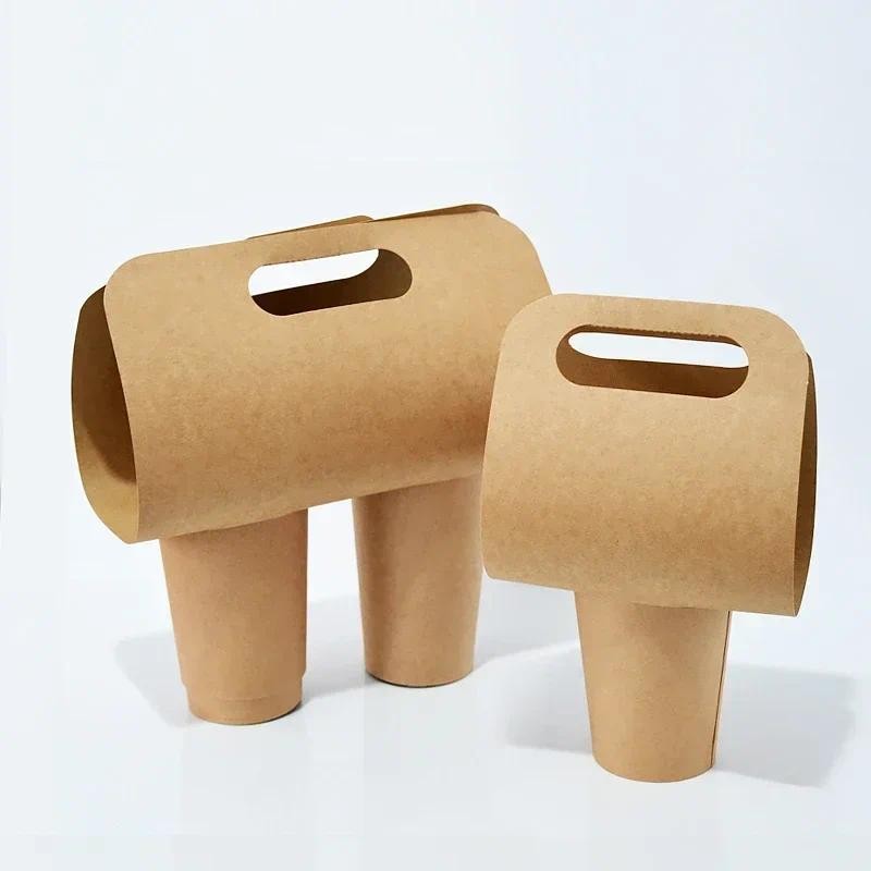 Jual 50pcs Disposable Milk Tea Handheld Cup Handle Hard Kraft Paper ...