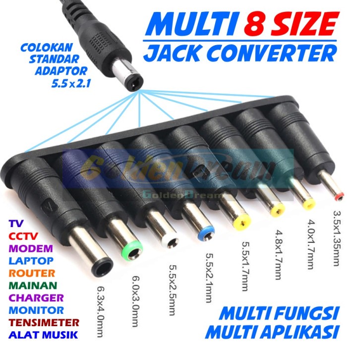 Jual Multi 8 Size Jack Converter Colokan Adaptor 5.5x2.1 Laptop CCTV ...