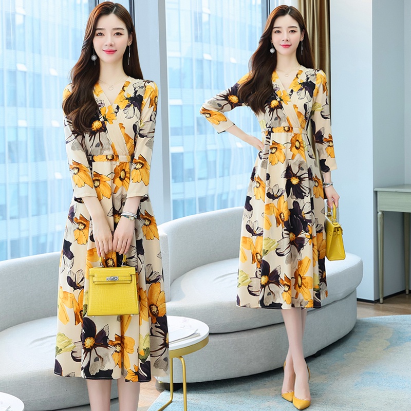 Jual 2459-Dress terbaru korean style midi dress warna kuning dress ...