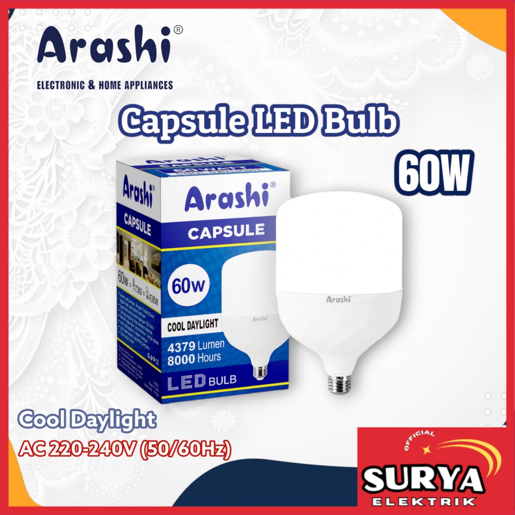 Jual Bohlam Lampu LED ARASHI CAPSULE 60W / 60 Watt Cahaya Putih Terang | Shopee Indonesia