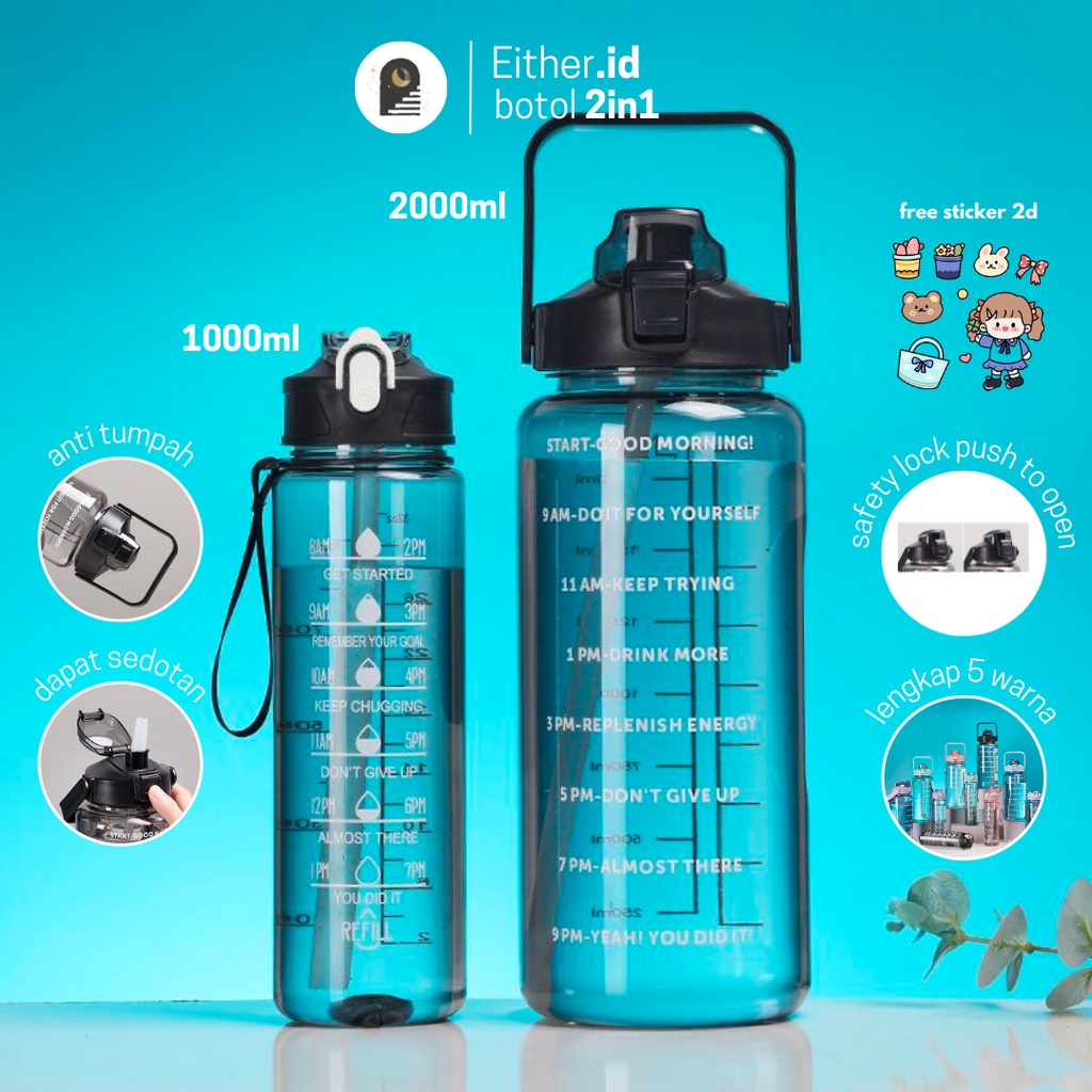 Jual Either.id - Botol Minum Motivasi Set 2 in 1 Botol Air 2 Liter + 1 ...