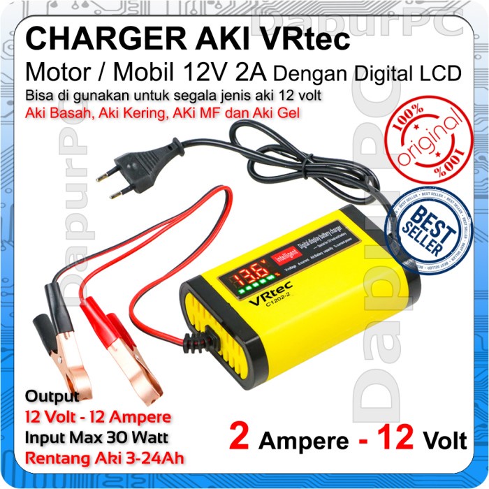 Jual VRtec Charger Aki 12V - 2A Portable LCD Display Motor Mobil C1202 ...