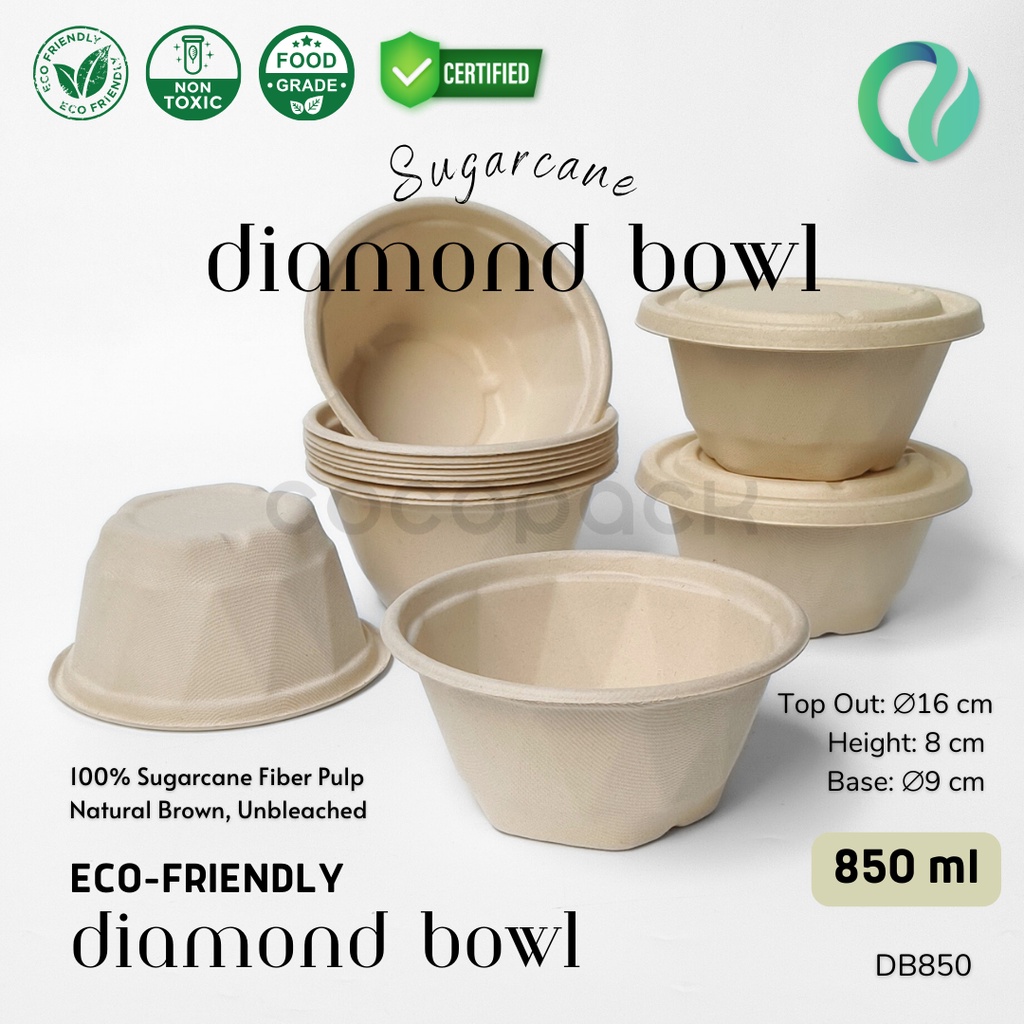 Jual 10 PCS Sugarcane Bagasse Diamond Bowl 850 ML Natural Brown with Pulp Lid | Shopee Indonesia