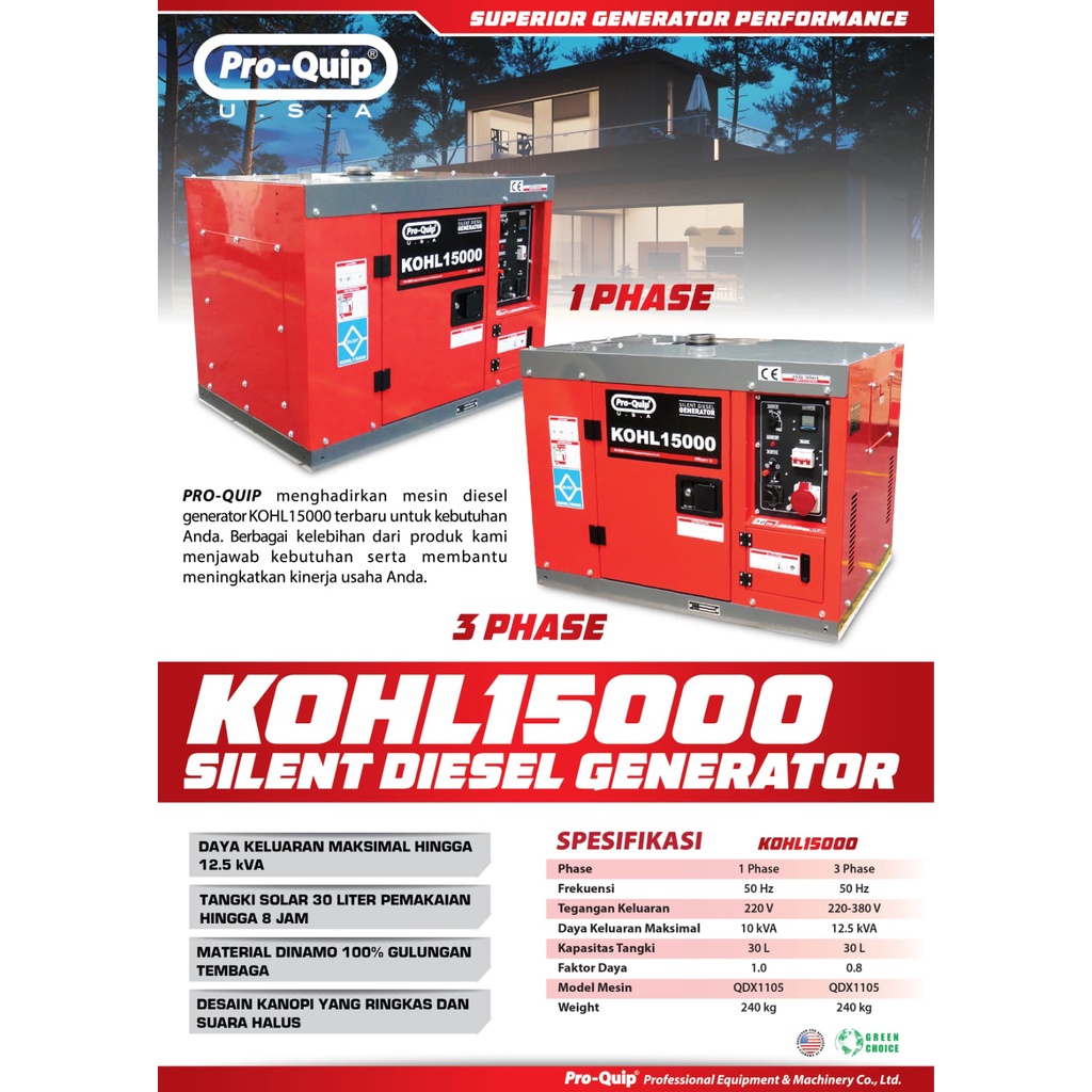 Jual Genset Silent PROQUIP KOHL15000 10Kva 1PH / Power Generator Diesel ...