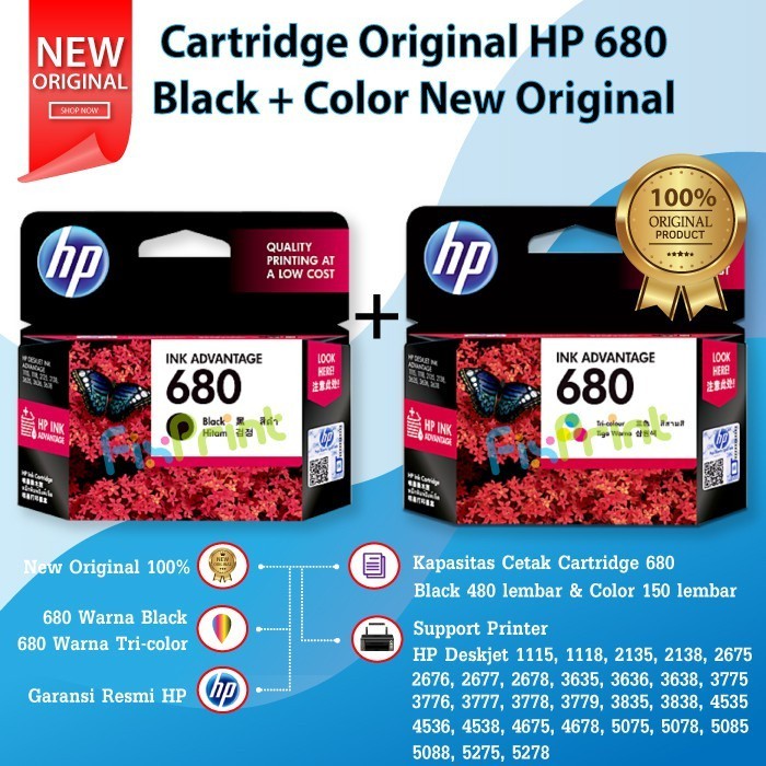 Jual Cartridge Tinta HP 680 / 682 Black & Color Original Catridge ...