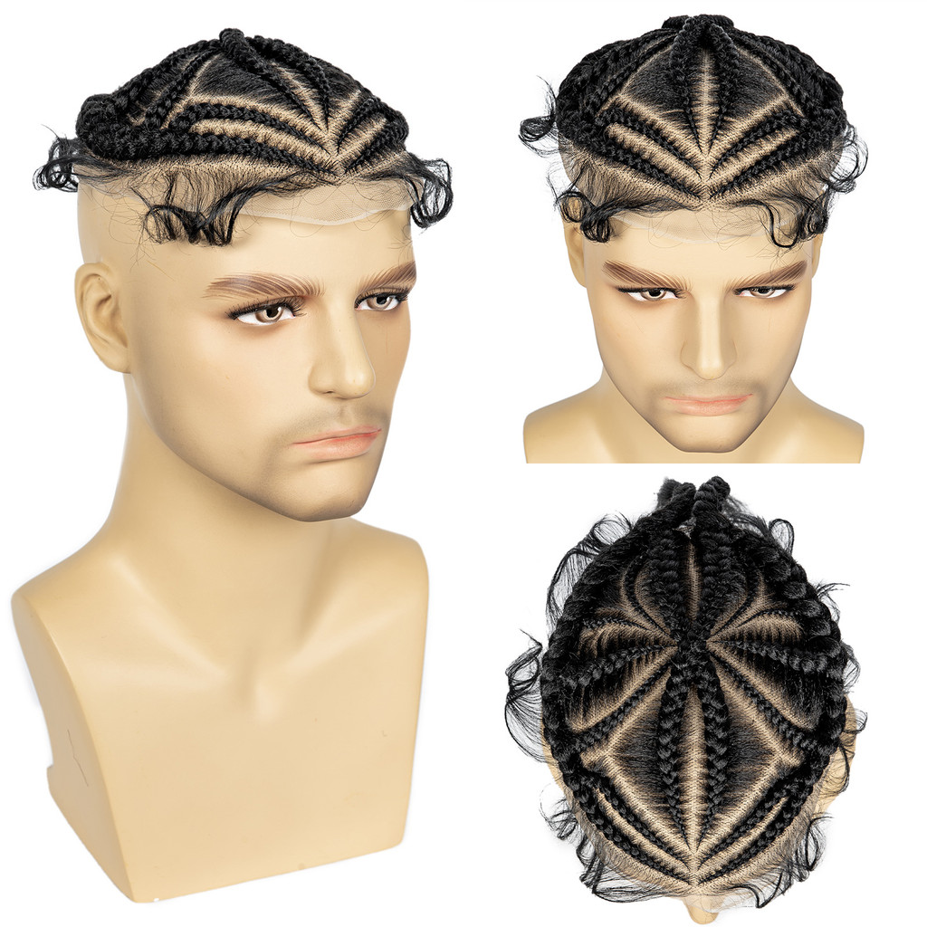 Jual KIMA HD Full Lace Cornrow Box Braided Men Toupee Synthetic Lace ...