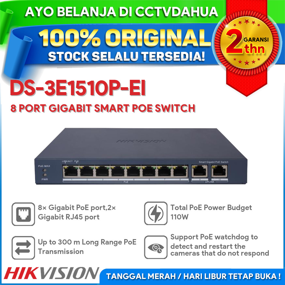 Jual HIKVISION DS-3E1510P-EI 8 PORT GIGABIT SMART 110W POE SWITCH RESMI | Shopee Indonesia