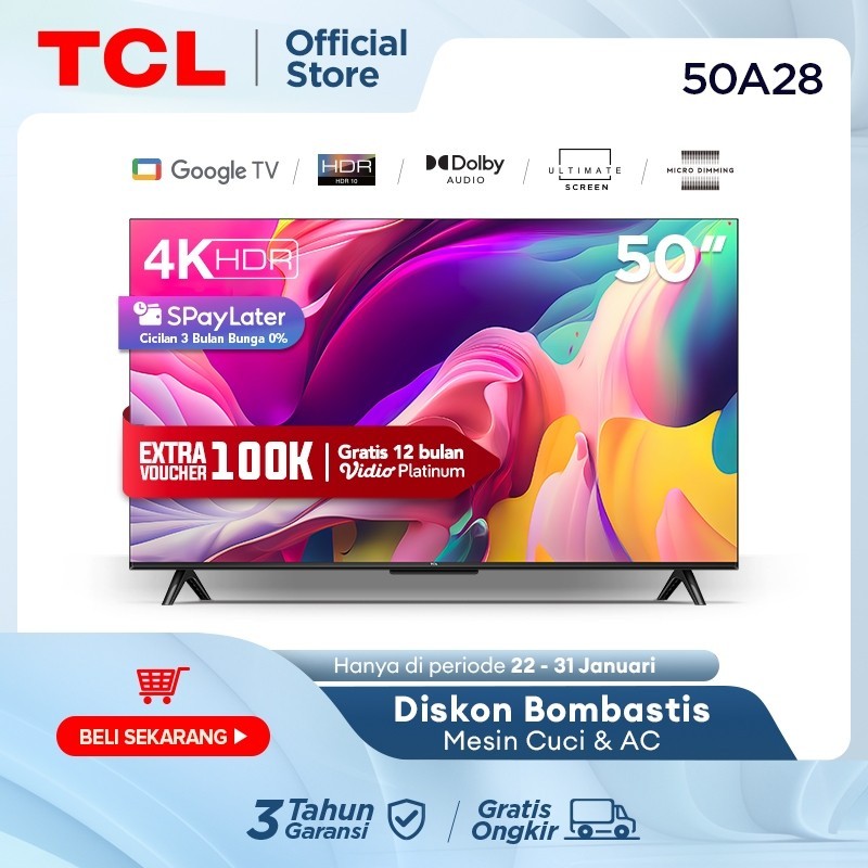 Jual TCL 50A28 - 50 inch Google TV - 4K UHD - HDR 10 + Micro Dimming - Dolby Audio - Google ...