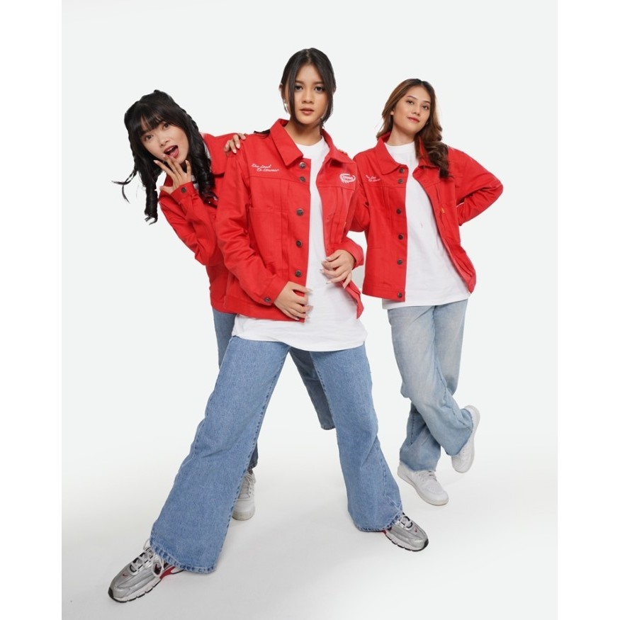 Jual Erigo Trucker Jacket X JKT48 Team Red Jaket pria | Shopee Indonesia