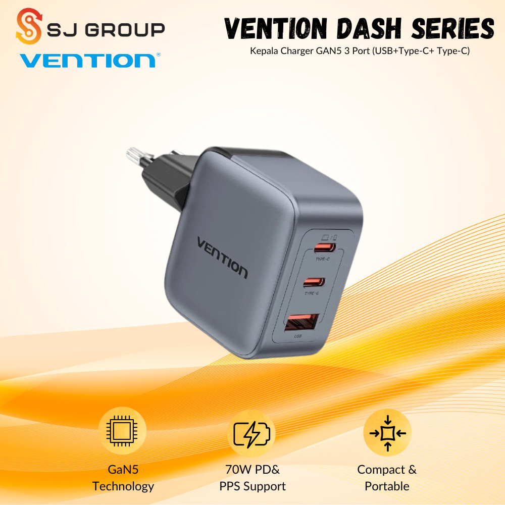 Jual Vention Dash Series Kepala Charger GaN5 3 Port USB (2C+A) 70W Fast ...
