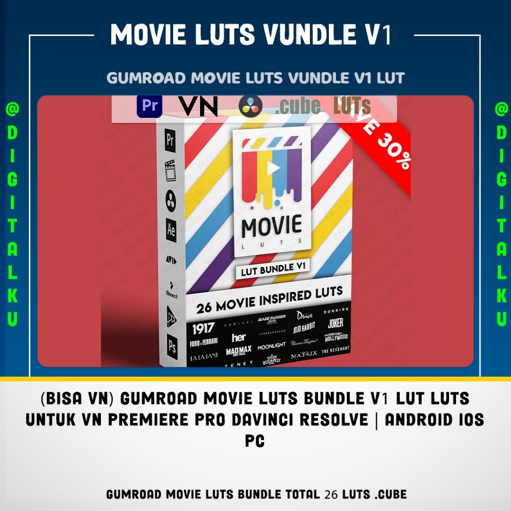 Jual (BISA VN) Gumroad Movie LUTs Bundle V1 LUT LUTs untuk VN Premiere Pro Davinci Resolve ...