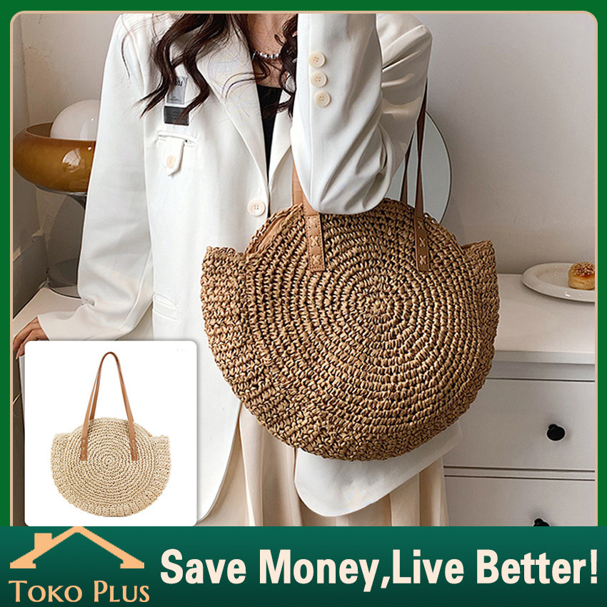 Jual Tas Pantai Korea Rotan Besar Pantai Polos bulat, Straw Shoulde Bag ...