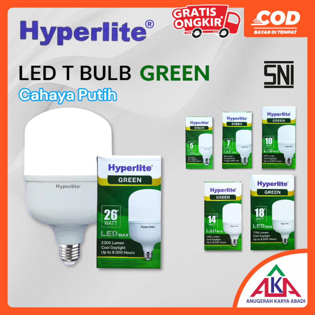 Jual HYPERLITE Lampu Bohlam GREEN LED T Bulb Capsule 5W 7W 10W 14W 18W 26W Cahaya Putih CDL Cool ...