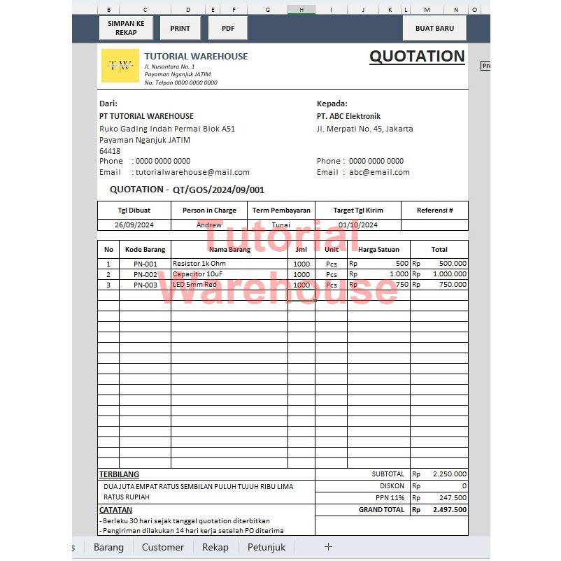 Jual Template Excel Quotation Otomatis Simpan ke Sheet Rekap, Print, dan Export ke Excel ...