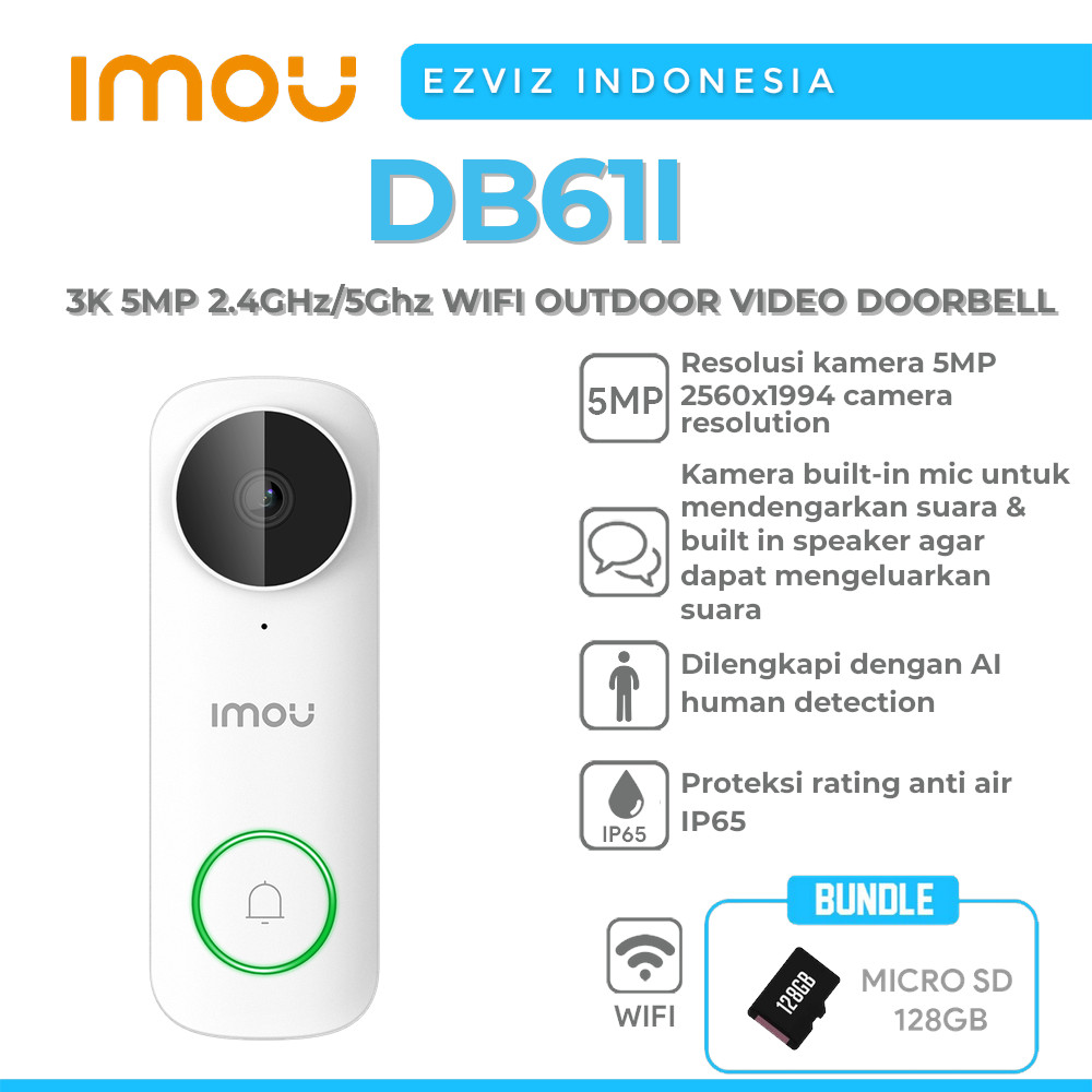 Jual IMOU DB61I 3K 5MP 2.4GHZ/5GHZ 2 WAY AUDIO WIFI OUTDOOR VIDEO DOORBELL FREE MICRO SD 128GB ...