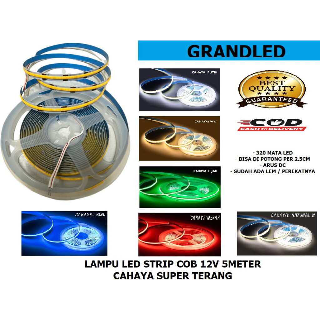 Jual Lampu Led Strip COB DC 12volt 5 meter 320led / Lampu Strip Light ...