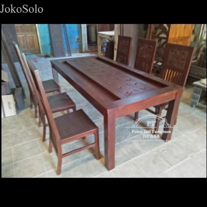 Jual set Meja makan panjang 2x1 meter kursi 6 kayu jati ukir sederhana ...