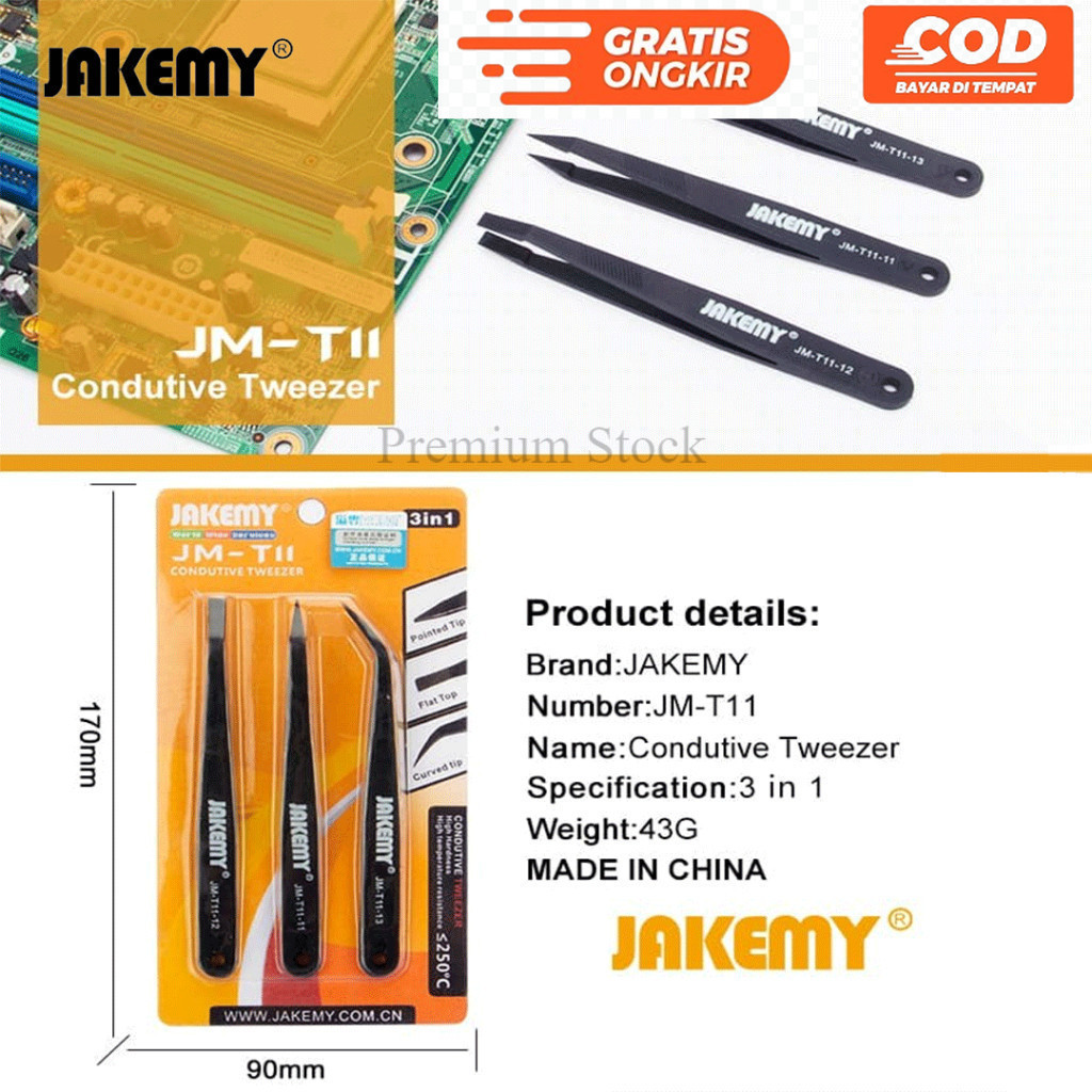 Jual Jakemy JM-T11 3 in 1 Professional Anti-static Pinset Tweezers Kit ...