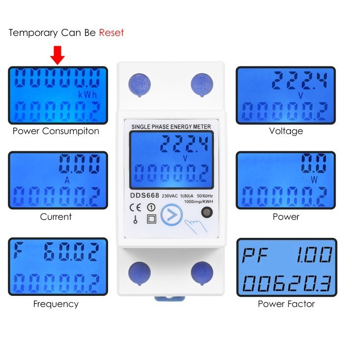 Jual KWH Meter Digital 1 Phase 5(80)A 6 in 1 (KWH.VM.AM.WATT.HZ.PF ...