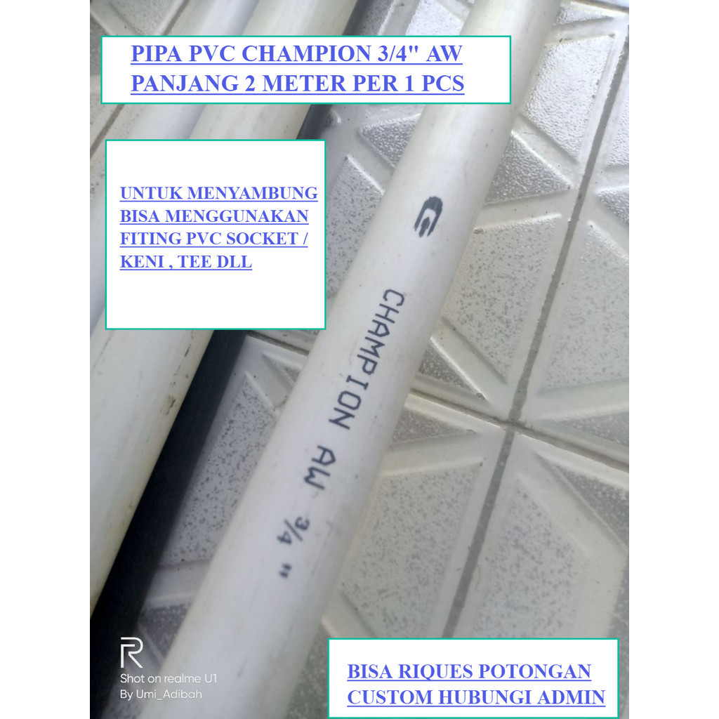 Jual Pipa PVC CHAMPION 3/4" Inch AW Panjang per 2 Meter Pipa Paralon ...