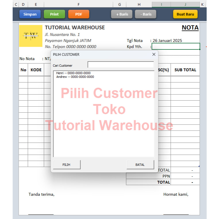 Jual Template Excel Nota Penjualan Otomatis Simpan ke Arsip, Cetak PDF ...