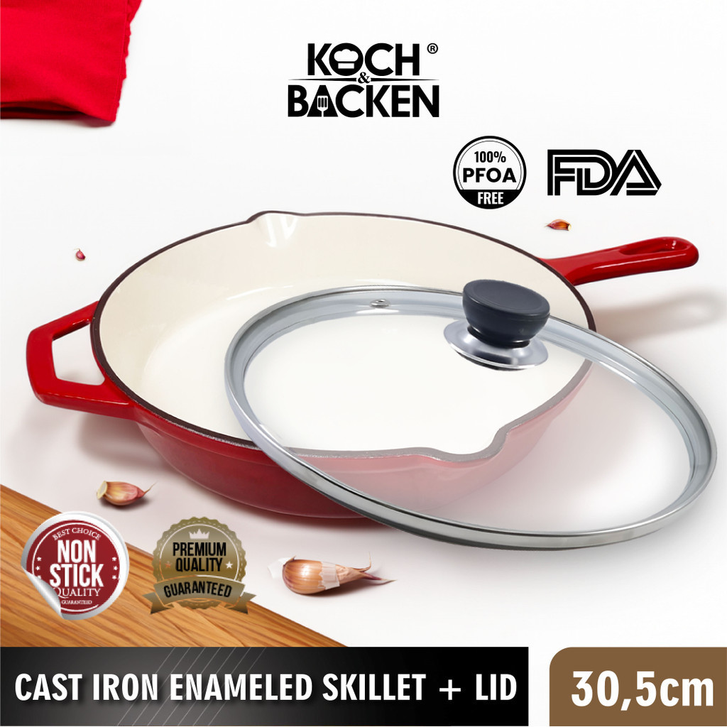 Jual KOCH&BACKEN Cast Iron Enamel Skillet Fry Pan 30.5cm + Lid - Wajan ...