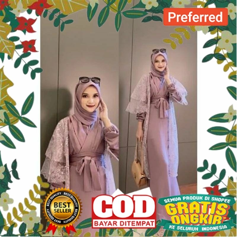Jual Maudy Dress Kimono Satu Set Inner Outer Queenbee Fashion Muslim ...