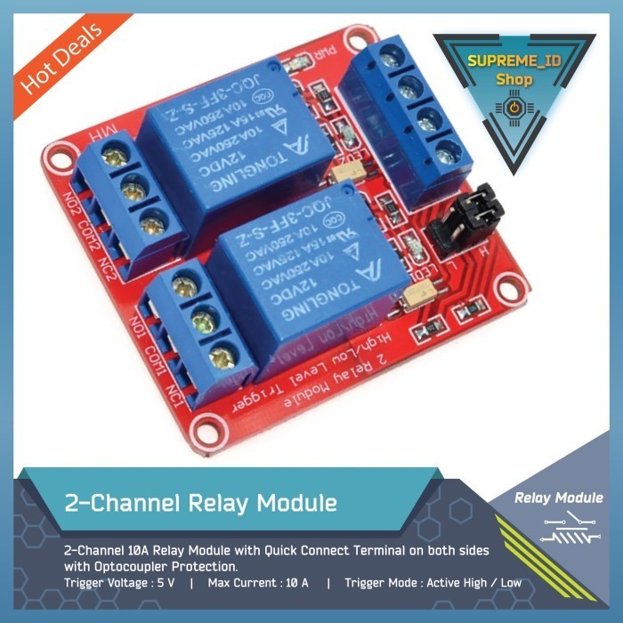 Jual 2-Channel 5V Relay Module Optocoupler + Adjustable Hi/Lo Trigger ...