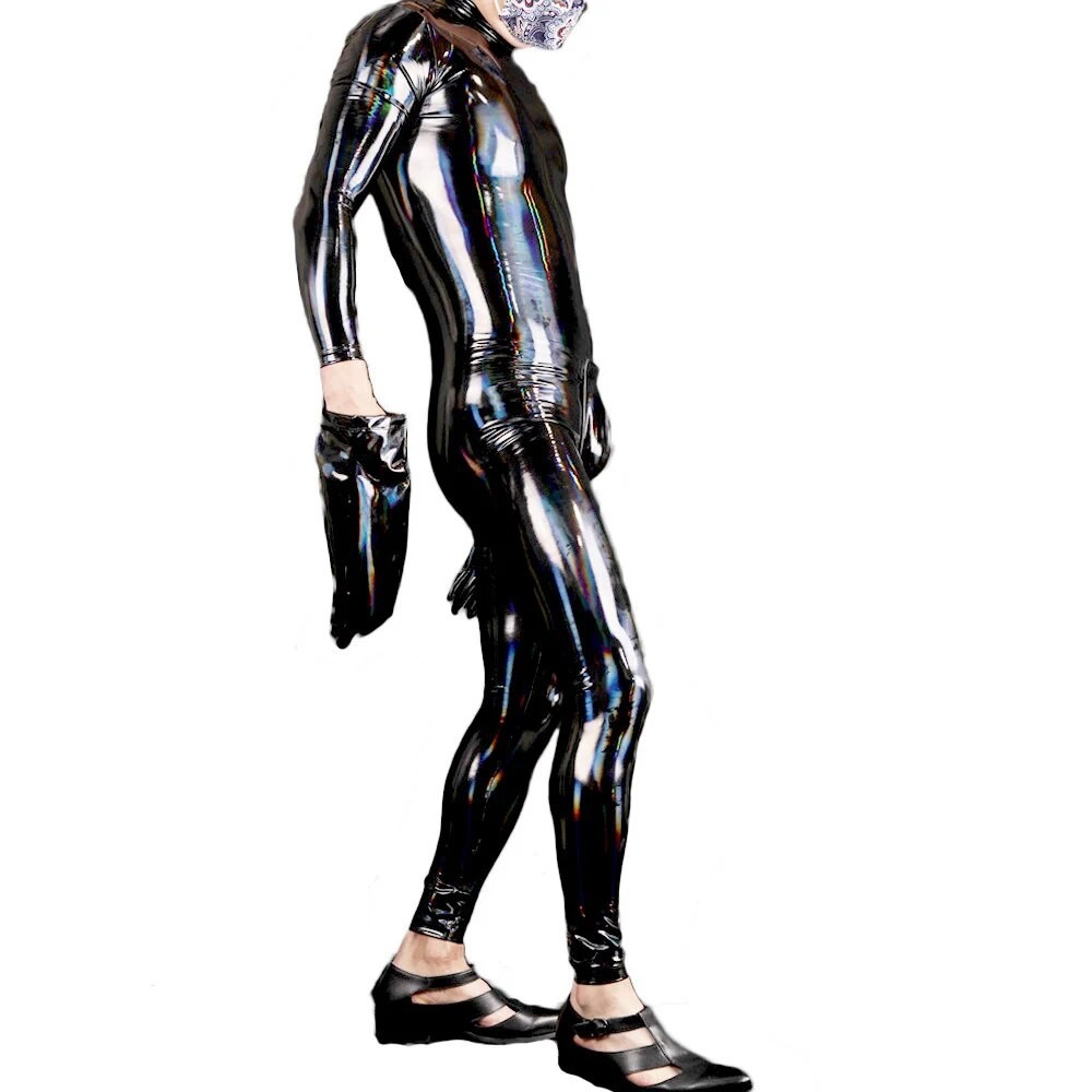 Jual Sexy Men Colorful Faux Latex PU Bodysuit Cosplay Wetlook Maid ...