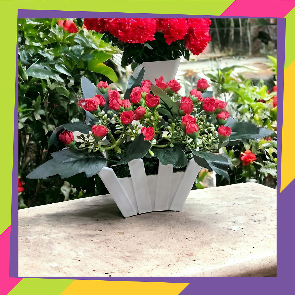 Jual 1942D1 / Pot bunga plastik pagar aesthetic + bunga mawar dekorasi ...