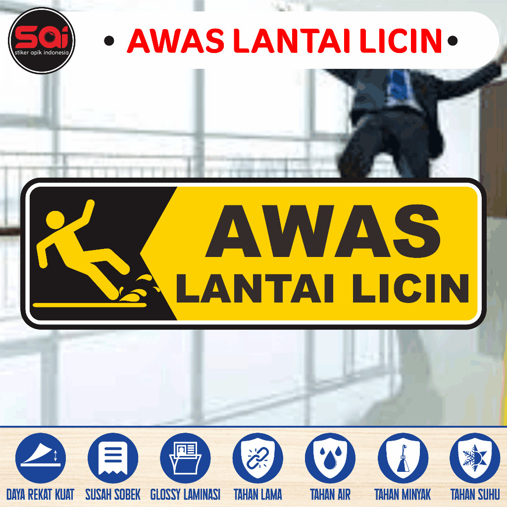 Jual stiker vinyl anti air AWAS LANTAI LICIN laminasi glossy | Shopee ...
