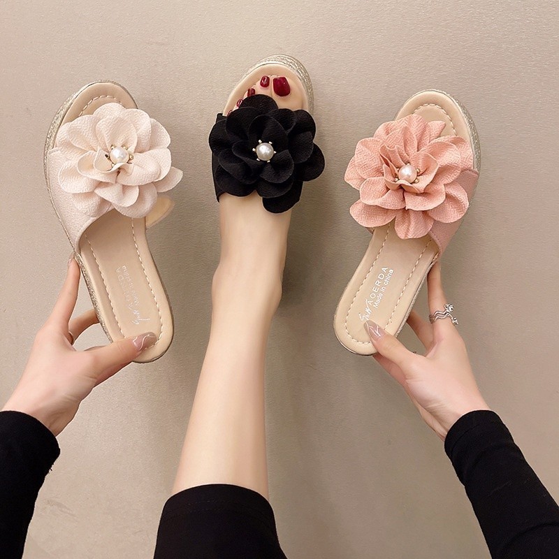 Jual [LC] 1552 Sepatu Sandal Wanita Wedges 1805 Bunga Mutiara heels 8 ...