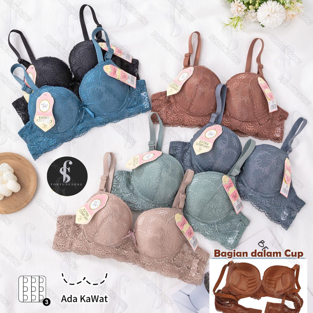 Jual Fortunesong - Bra Brukat dengan Kawat Busa Cup B Kait 3 PUSH UP BRA Bebas Pilih Warna Art ...