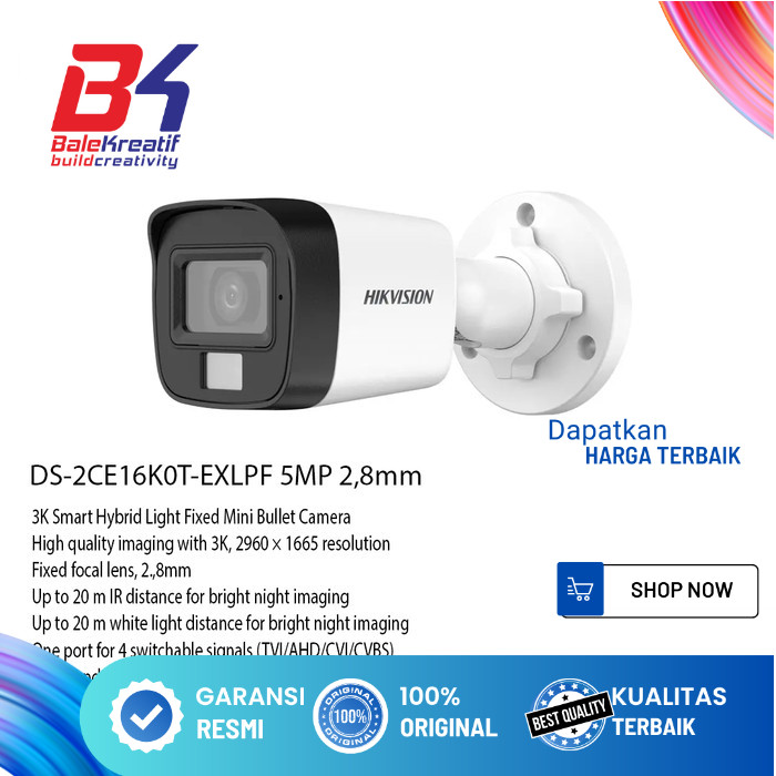 Jual Camera CCTV Analog HIKVISION DS-2CE16K0T-EXLPF DUAL LIGHT 3K 5MP 2,8mm | Shopee Indonesia