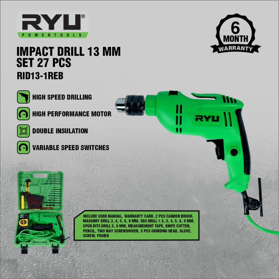 Jual IMPACT DRILL 13 MM SET 27 PCS - MESIN BOR SET RYU 13 MM | Shopee Indonesia