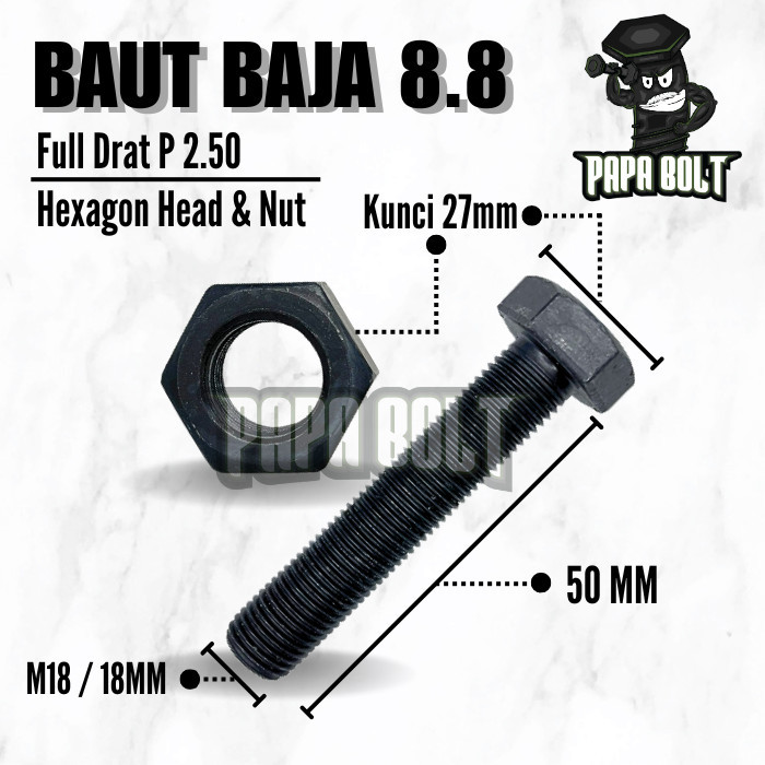 Jual Baut Mur Baja 8.8 M18x50 Full Drat Kasar P2.50 HTB 18x50 Kunci 27 | Shopee Indonesia