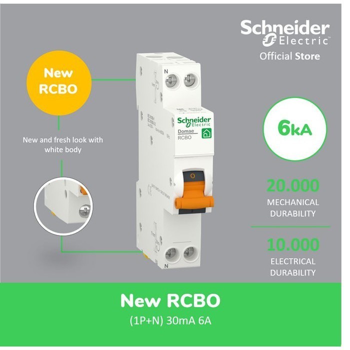 Jual Schneider Electric Domae New RCBO Slim - 1P + N 30mA 6A - DOMD1606 | Shopee Indonesia