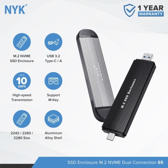 Jual Case SSD M2 NVME External Dual Connection USB / Type C NYK S5 ...