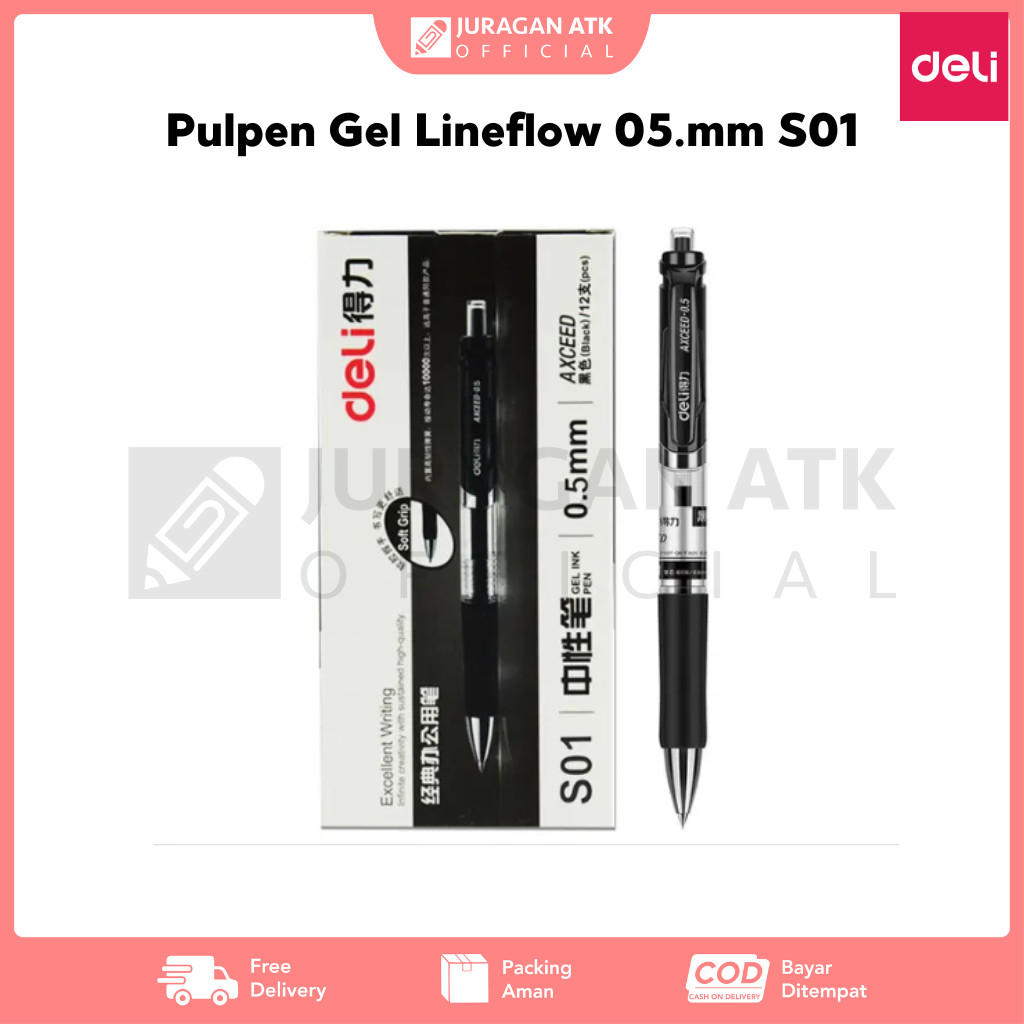 Jual Pulpen Gel Lineflow Deli 05.mm Black S01 (1Pack Isi 12pcs ...