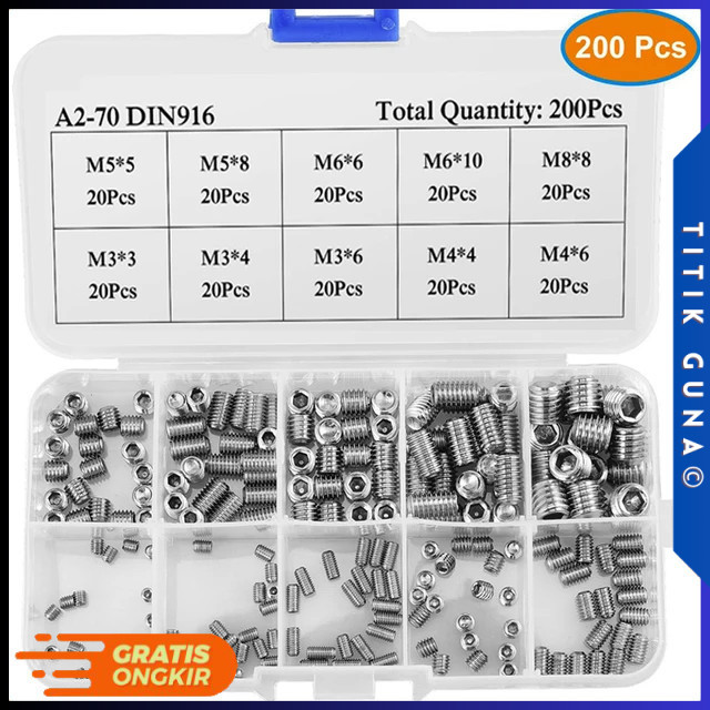 Jual DMJ Set Baut L Tanam Sekrup Soket Hex M3-M8 Headless 200 PCS - A2-70 [TITIKGUNA] | Shopee ...
