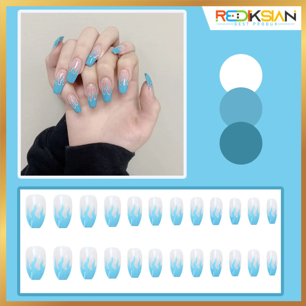 Jual Kuku Palsu Tempel Akrilik Model Api Biru Fake Nails Blue Flame 24 ...