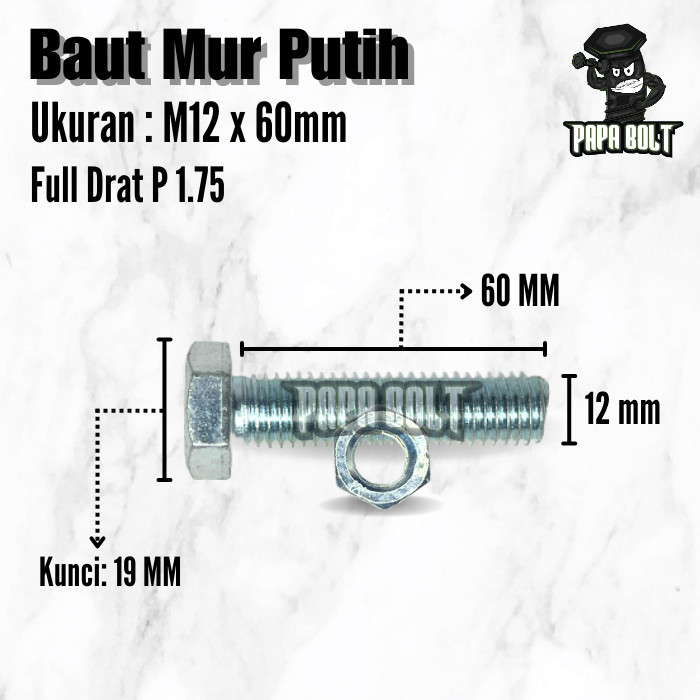 Jual Baut Mur Hexagon Galvanis Putih BMP Hex M12x60 / 12x60 12mm Kunci 19 | Shopee Indonesia