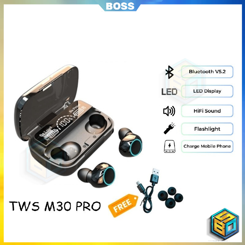 Jual BOSS MURAH COD TWS M30 Pro Headset Bluetooth V5.2 with Powerbank and Flashlight In Ear ...